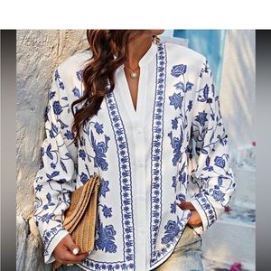 Tops | Boho Plus Size Floral Print Top Blouse Button Down Shirt White ...